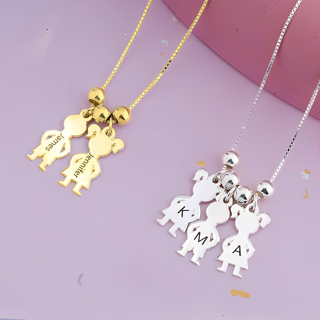 Mom Necklace With Boy Girl Charms Engraved Initials Kids or Names ...