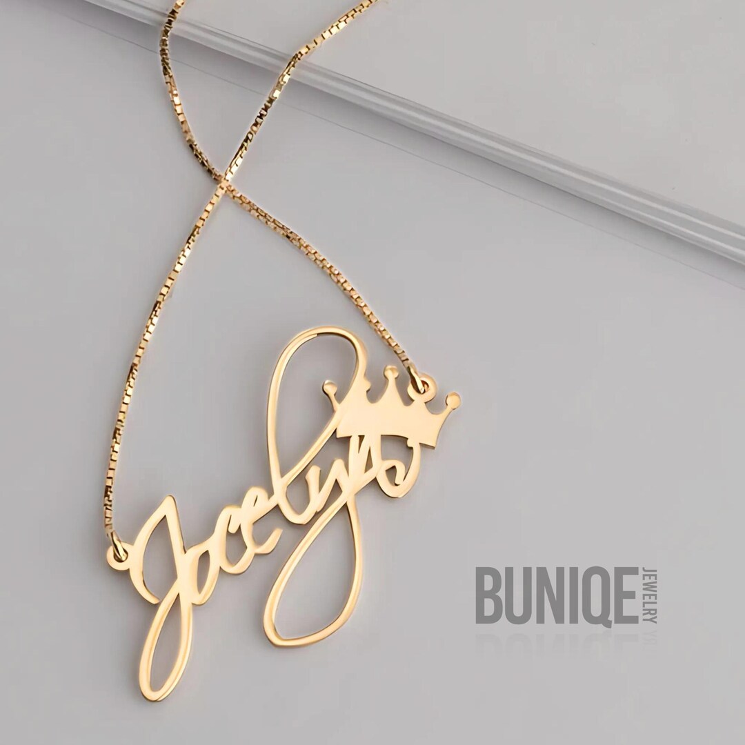 Buy Crown Name Necklace in Cursive Letters Font Handwriting Nameplate ...