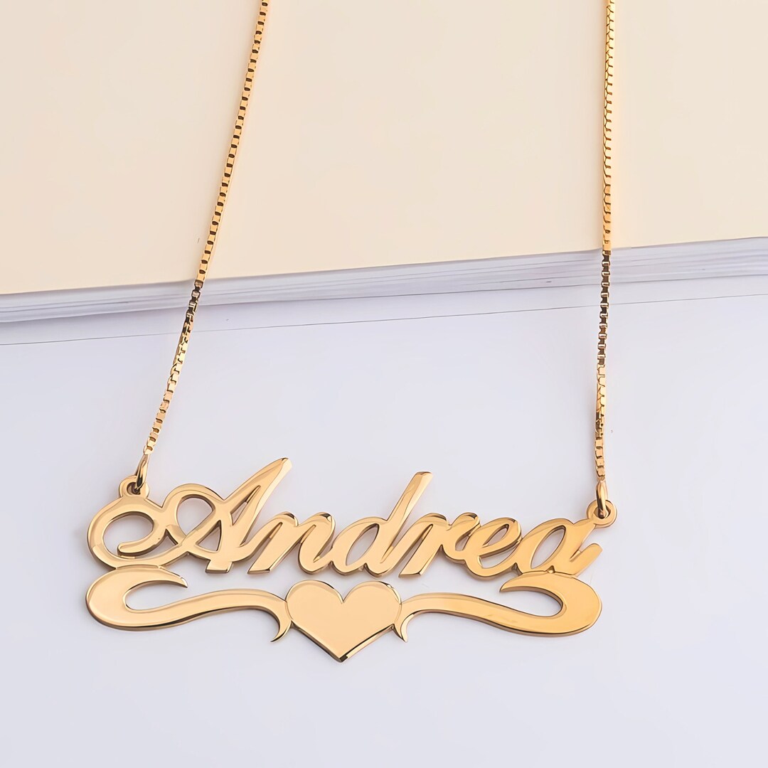 14K Gold Heart Name Necklace - Solid Gold Nameplate With Thick Box ...