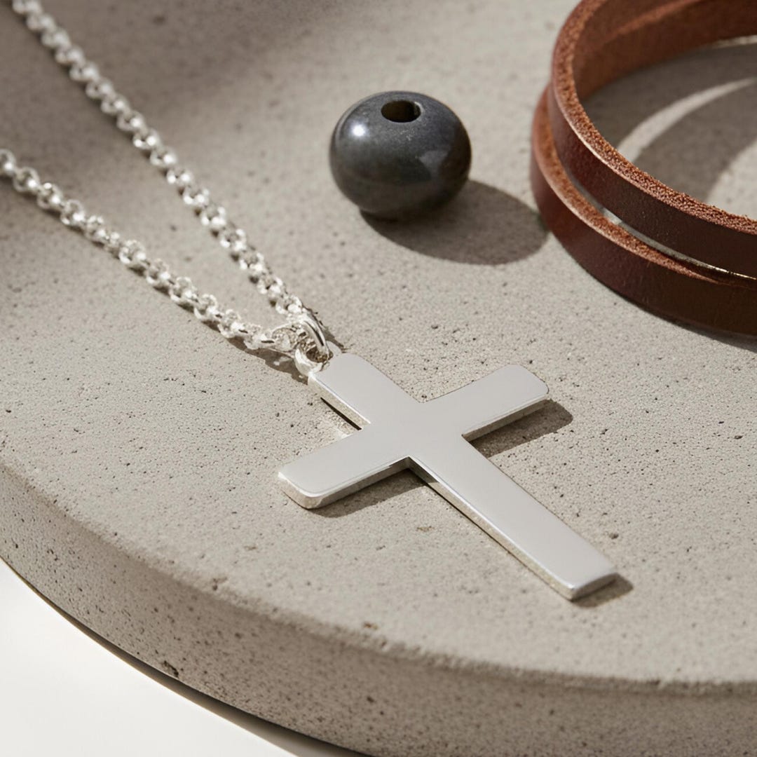 Classic Sterling Silver Mens Cross Necklace: Rolo Chain With Cross ...