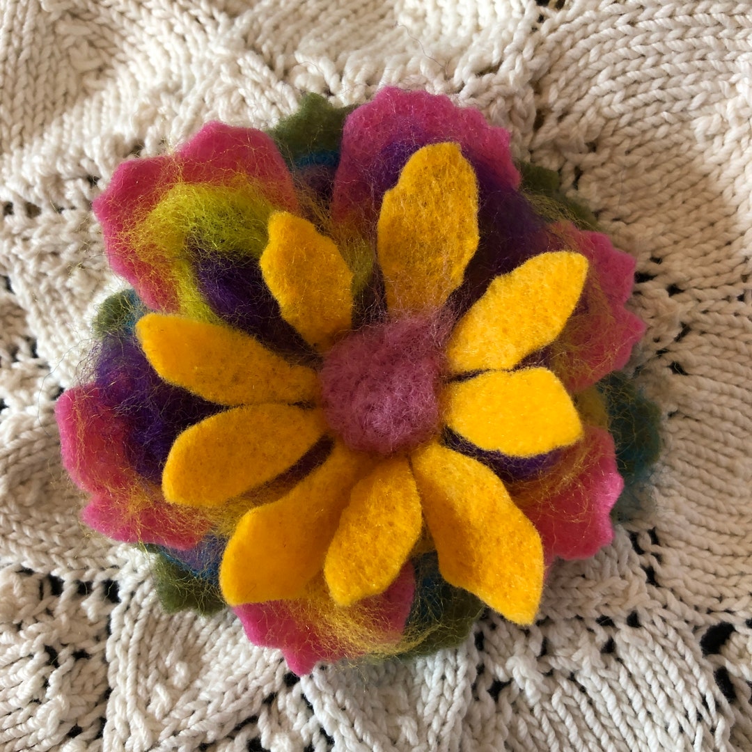 Yellow Flower Petal Pin Back Brooch Felted Fiber Jewelry Embellishment ...