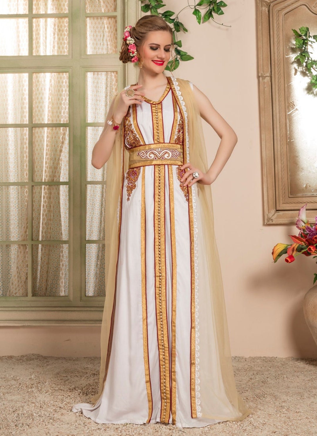 White Color Dubai Moroccan Kaftan Arabic Abaya Maxi Hand Beaded Caftan ...