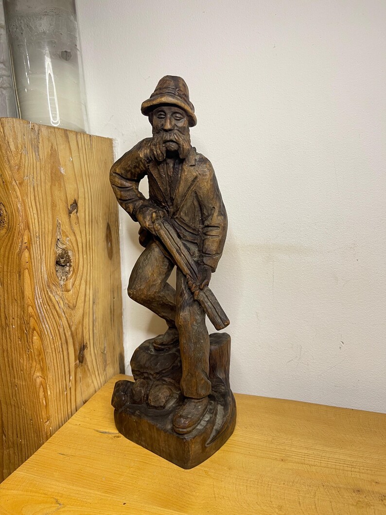 Vintage Carved Wooden Hunter Figure, Hand Carved Forest Sculpture ...