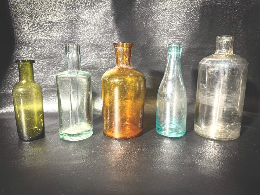 Collection of 5 ANTIQUE Medicine or Perfume BOTTLES. Vintage Glass ...
