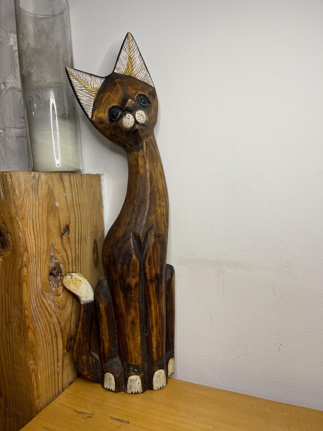 Vintage Bali Carved Wooden Cat, Wooden Figure, Wooden Cat Statue, Hand ...