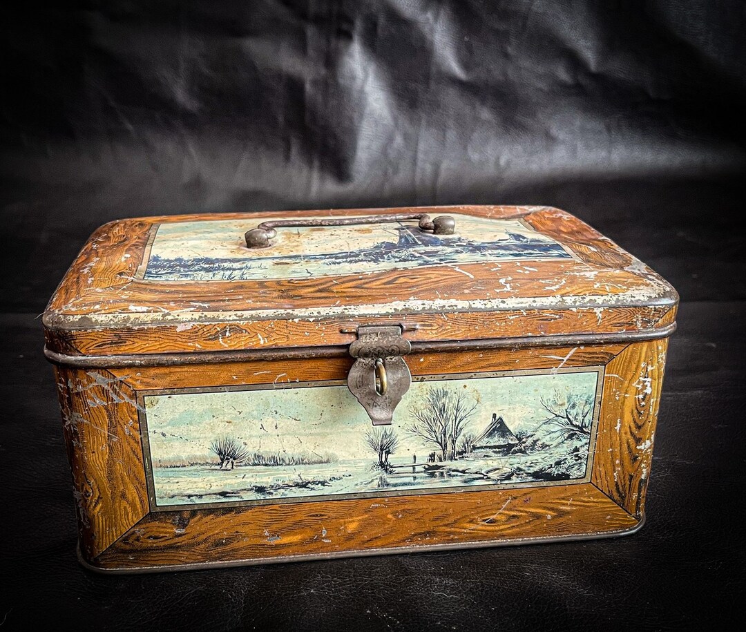 Old Tin Can, Antique Tin Box, Handle LARGE SIZE Tin, Illustrations and ...