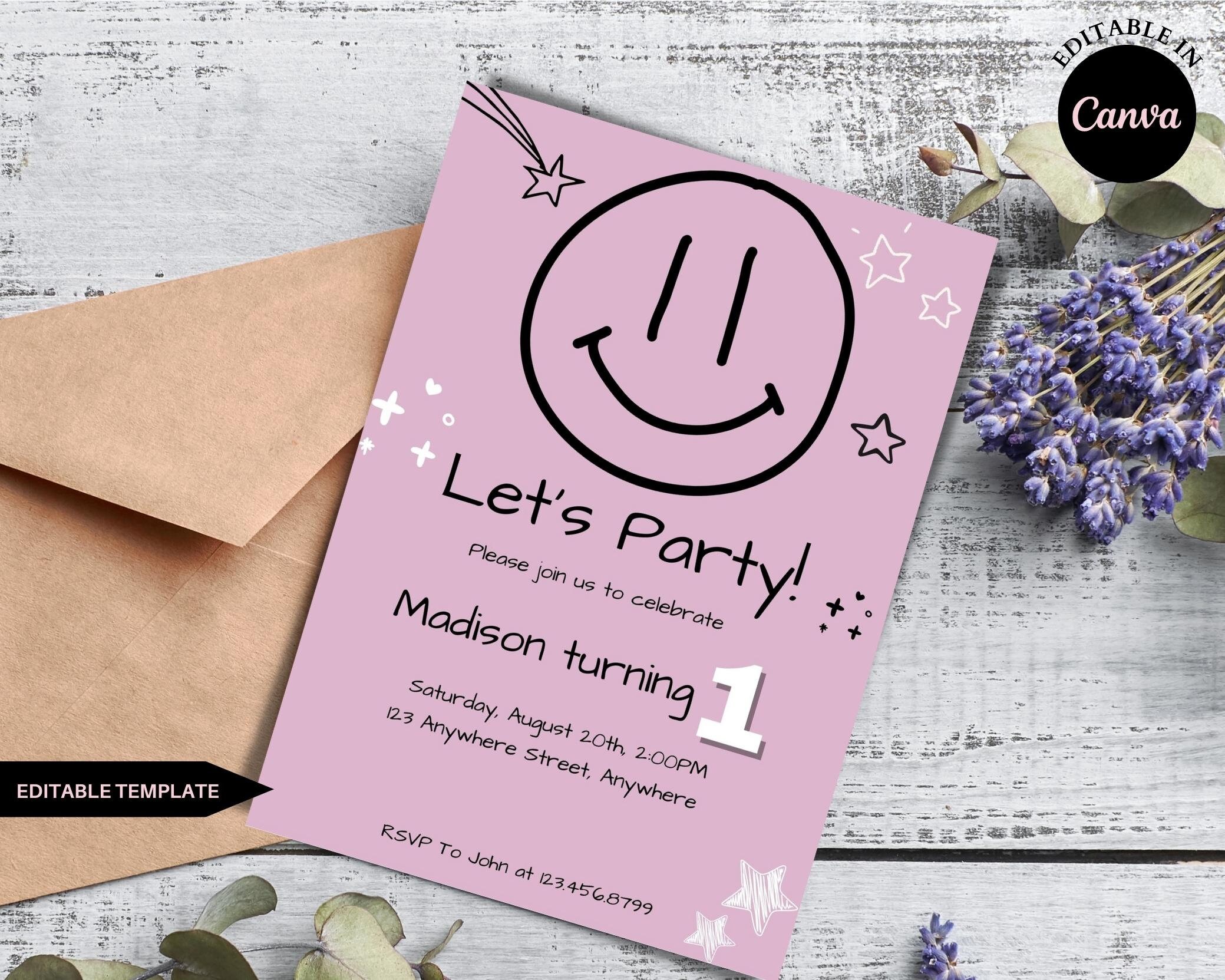Smiley Face Birthday Invitation, Kids Party Invite, Smiley Face, Doodle ...