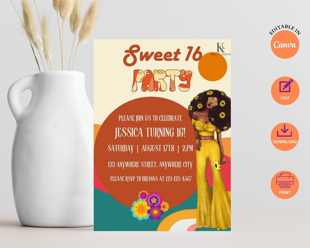 Editable Retro Sweet Sixteen Birthday Party Invitation, Retro ...
