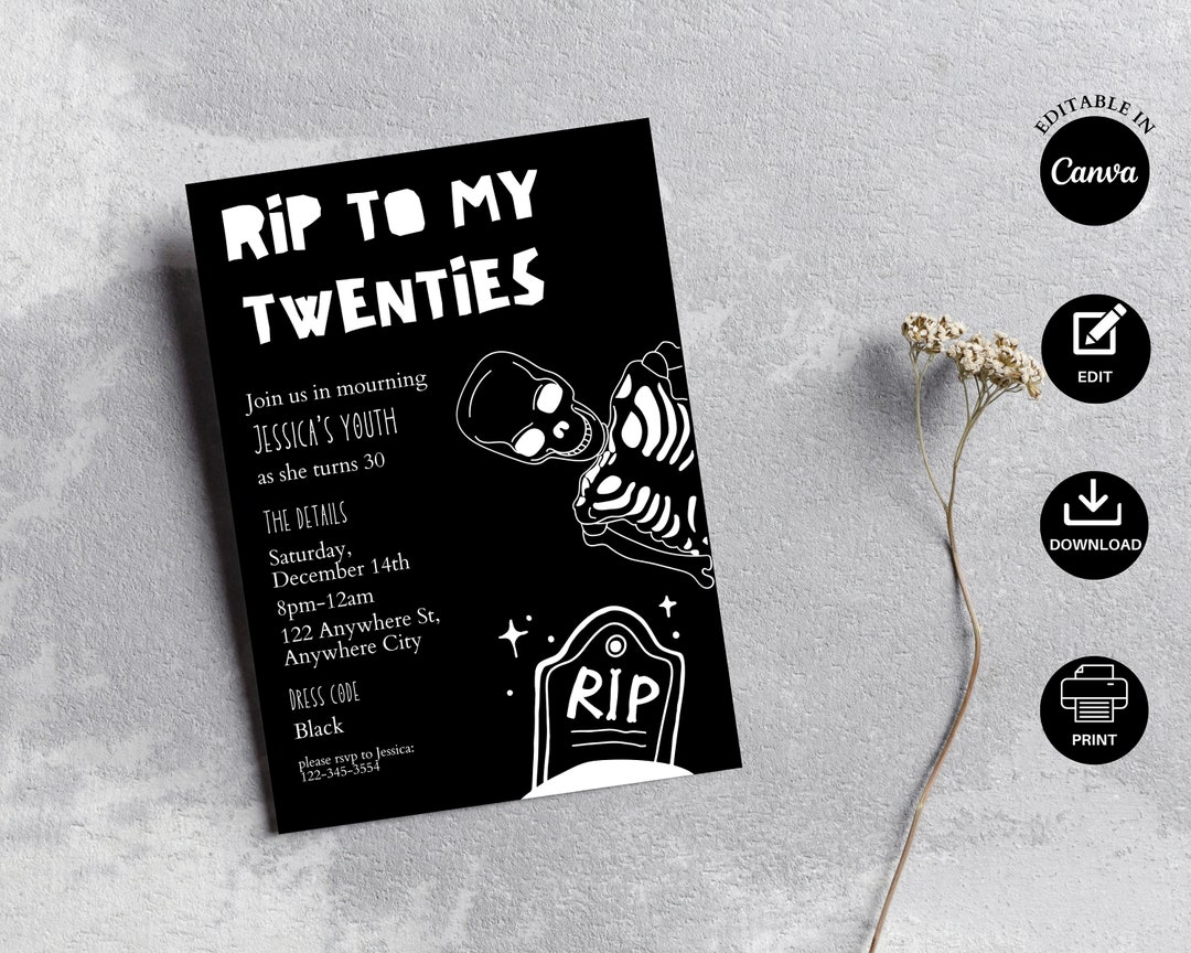 RIP to My Twenties Birthday Party Invitation, RIP Twenties, Skeletons ...