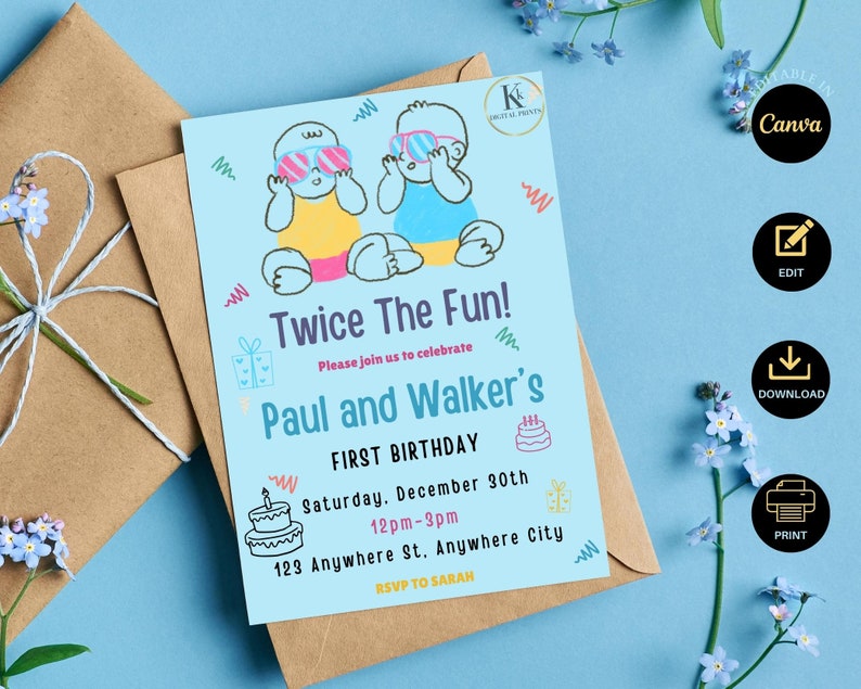 Twice the Fun Birthday Party Invite, Twins Birthday Invite, Twins Party ...