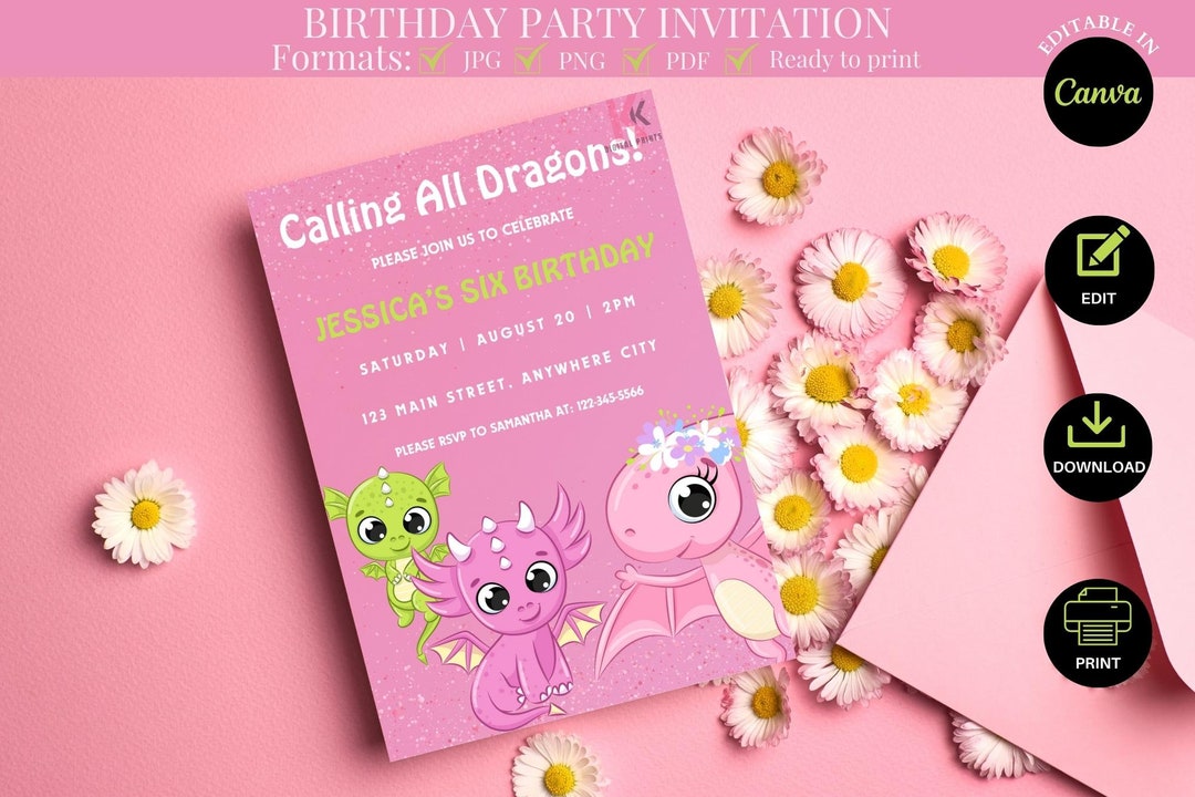 Editable Calling All Dragons Birthday Party Invitation, Cute Dragons ...