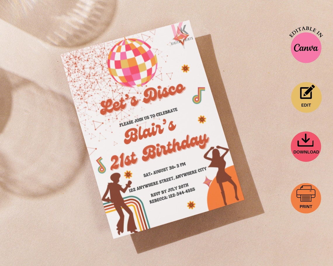 Retro Birthday Party Invitation, Retro Groovy Party Invite, 70s Disco ...