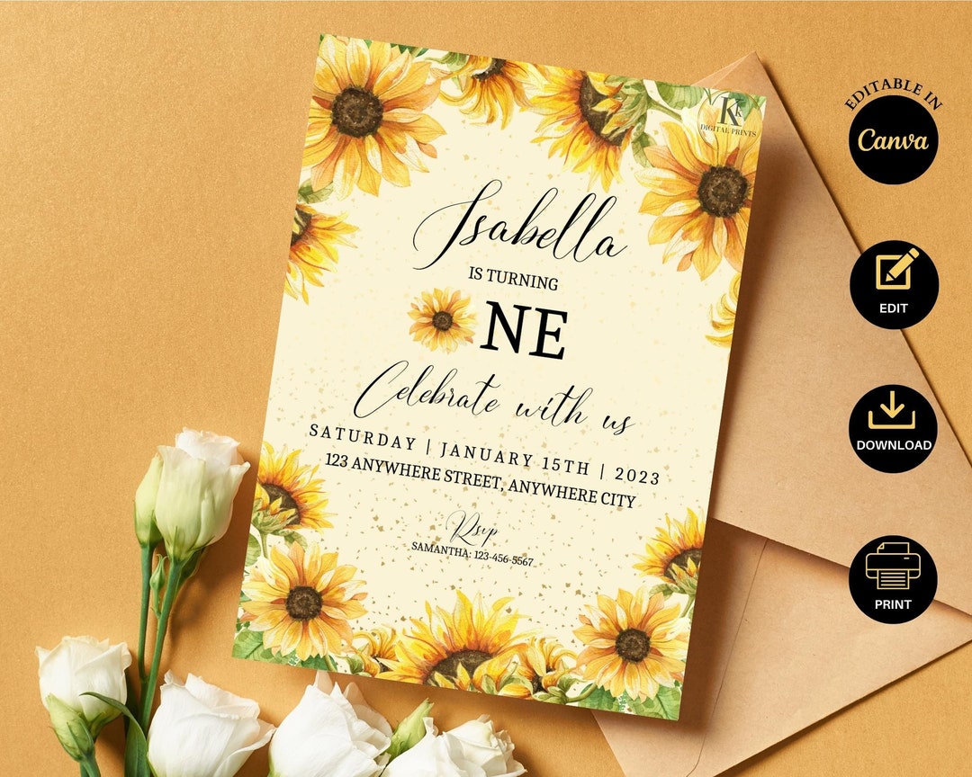 Sunflower Birthday Invitation, First Birthday, Sunflower Invite, Girl ...