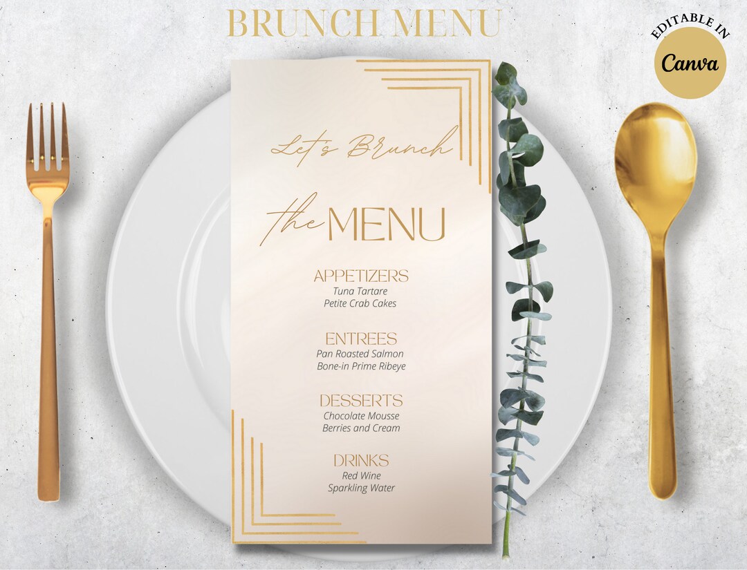 Elegant Gold Let’s Brunch Menu, Editable Brunch Menu, Birthday Brunch ...