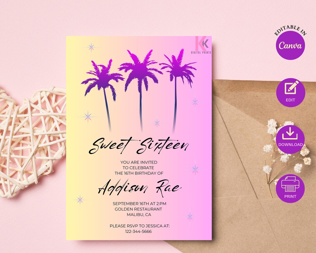 Editable Malibu Sweet Sixteen Beach Birthday Party Invitation, Sweet 16 ...