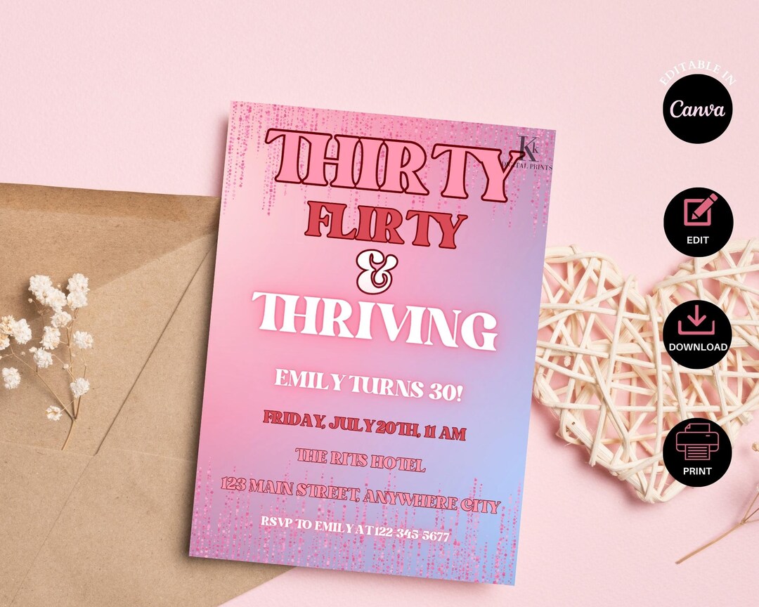 Editable Thirty Flirty and Thriving Birthday Party Invitation, Dirty ...