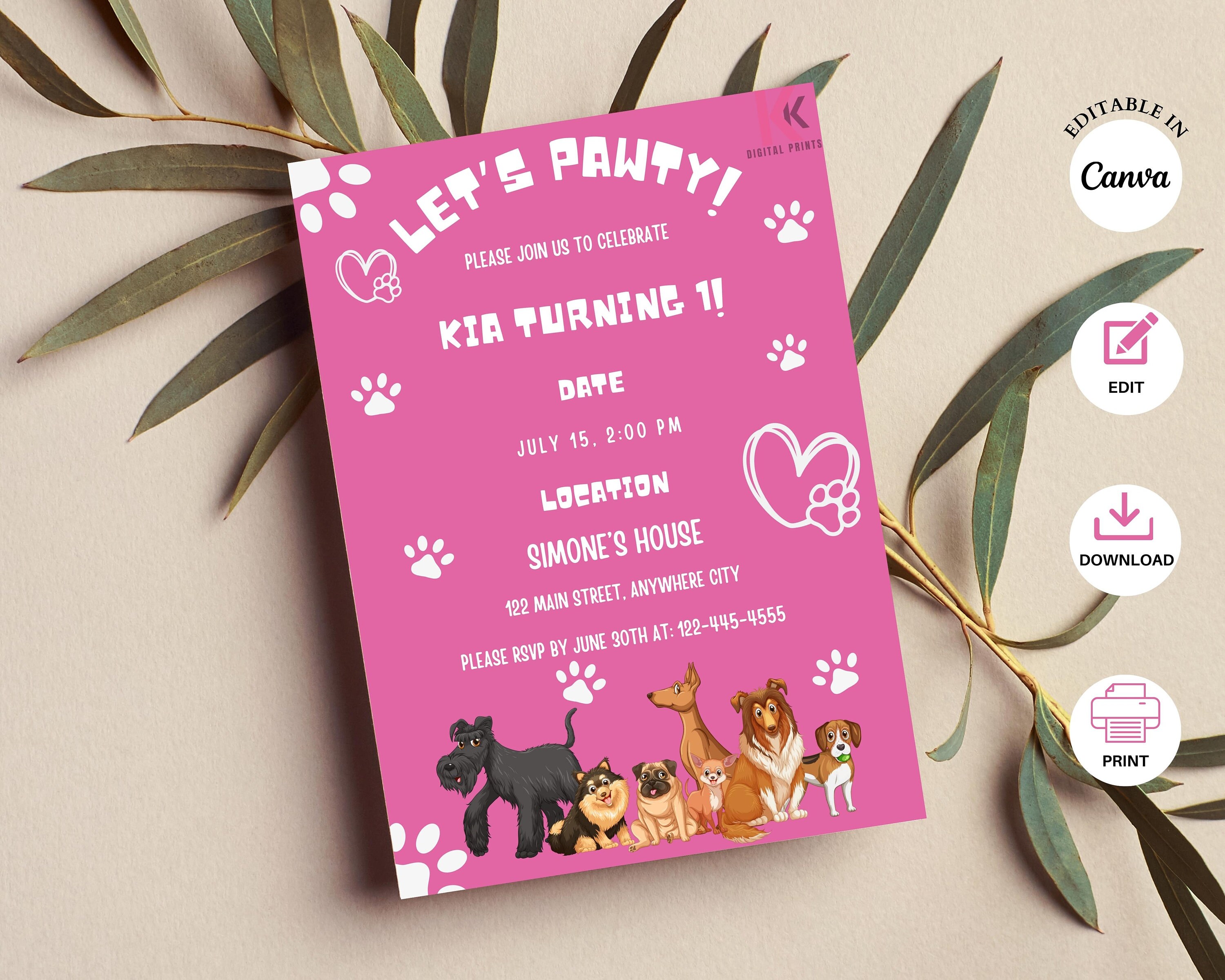 Editable Dog Birthday Party Invitation, Lets Pawty, Puppy Birthday, Dog ...