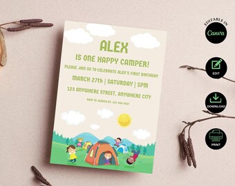 ONE Happy Camper Camping Theme First Birthday Party Invitation Template - Etsy
