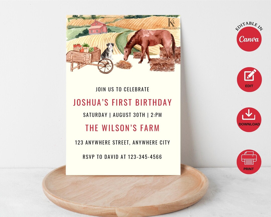 Editable Farm Animals First Birthday Invitation, Barnyard Invite ...