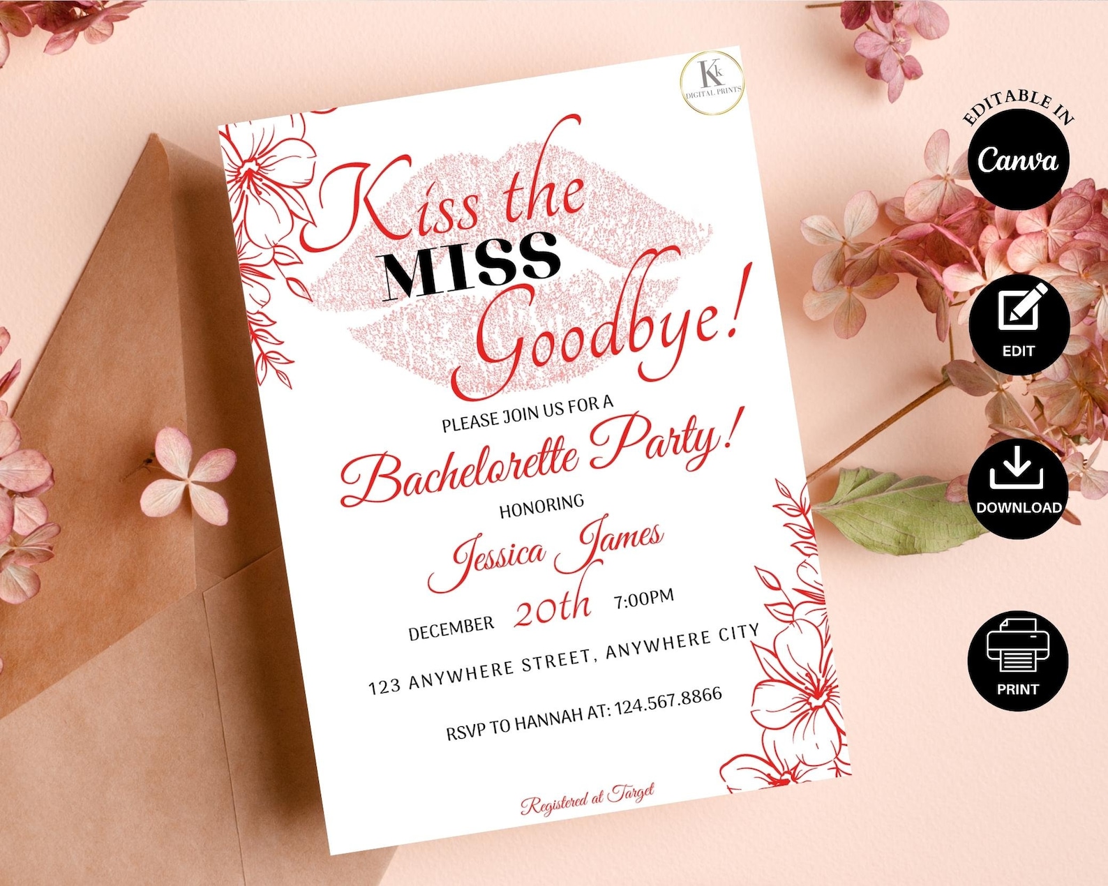 Kiss the Miss Goodbye Bachelorette Party Invitation, Bachelorette ...