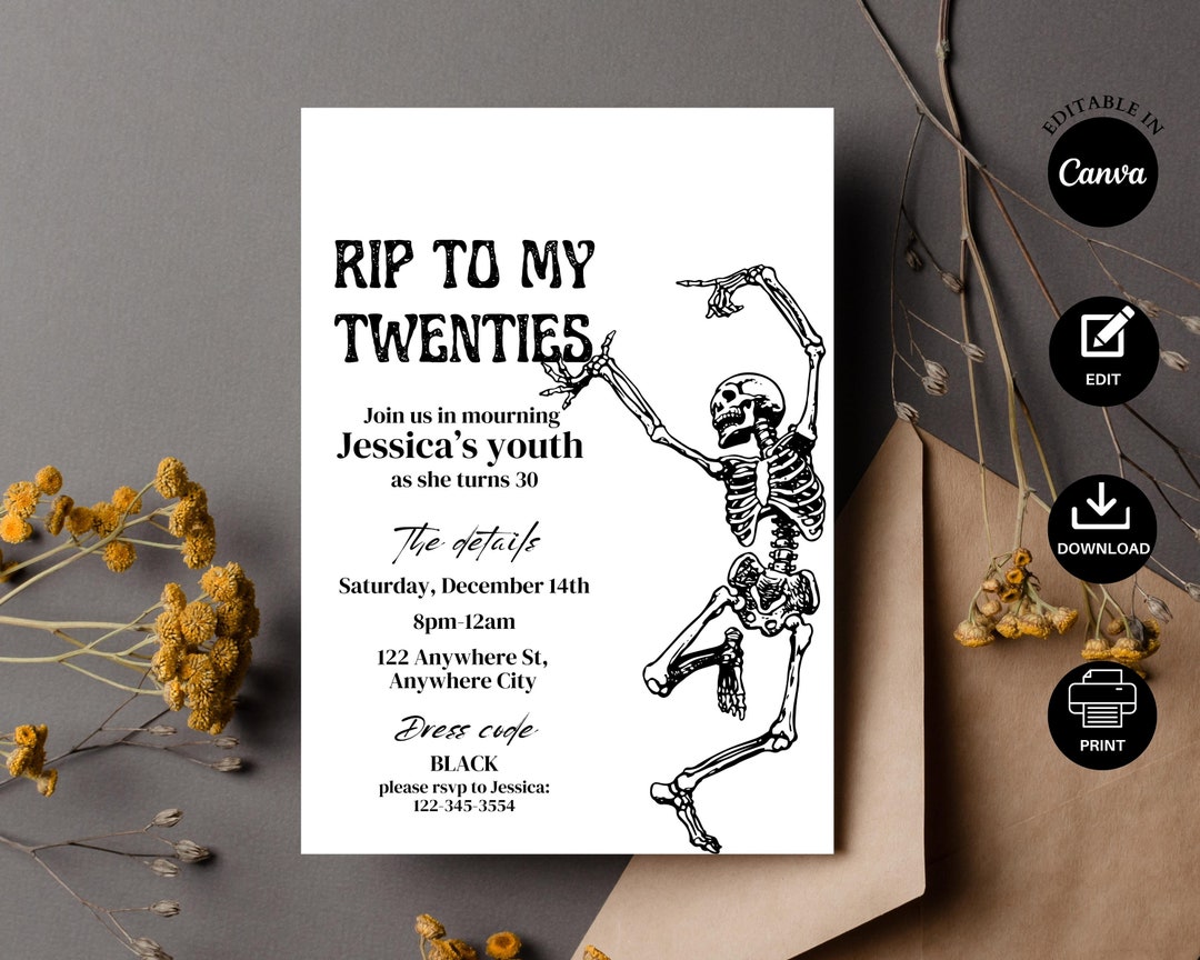 RIP to My Twenties Birthday Party Invitation, RIP Twenties, Skeletons ...