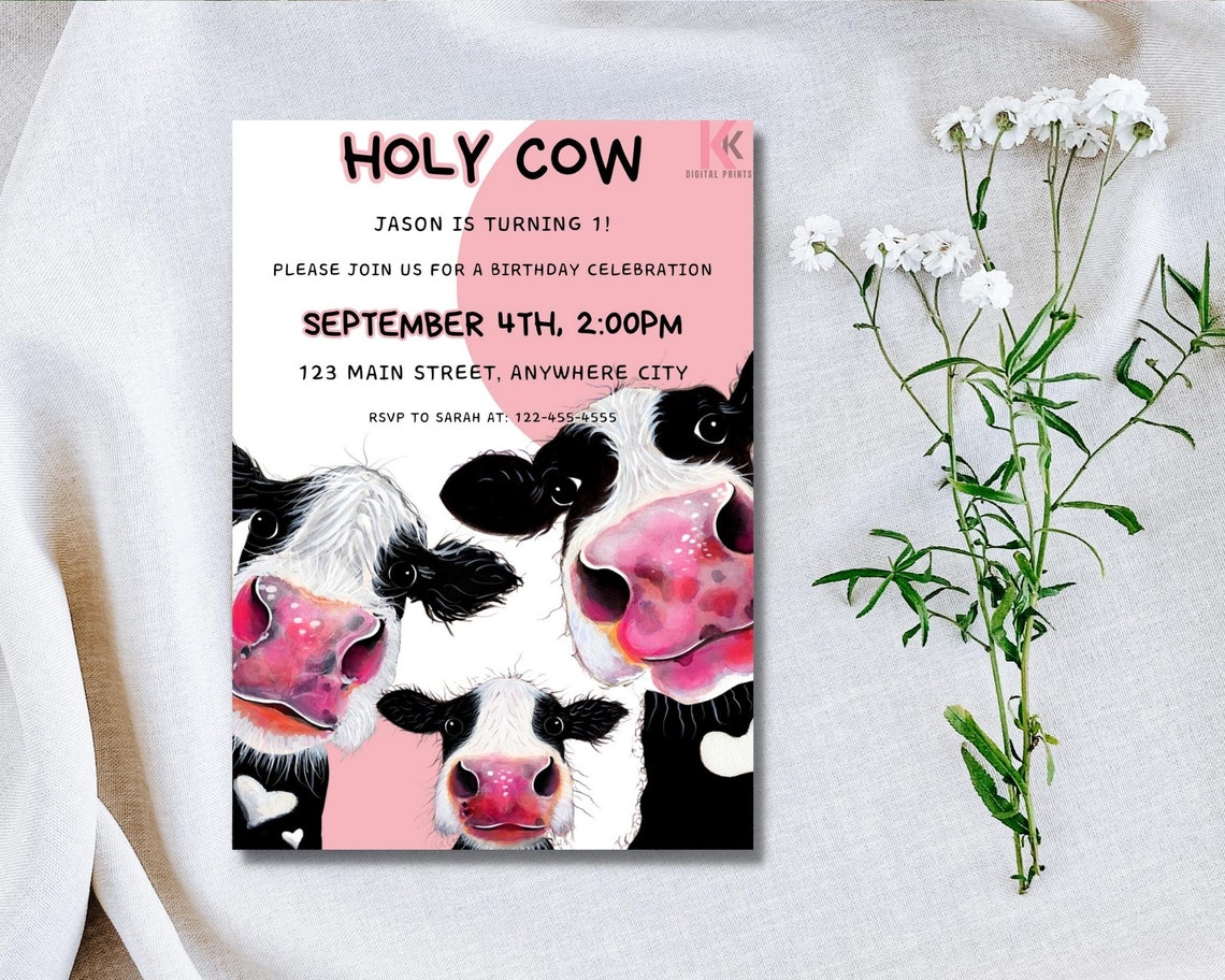 Holy Cow Im One Birthday Invitation Template, Cow Birthday Party Invite ...