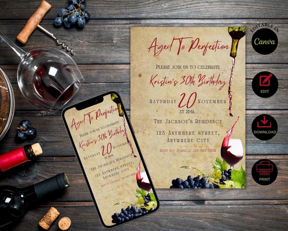 Aged To Perfection Wine Birthday Party Invitation Like A Fine Wine