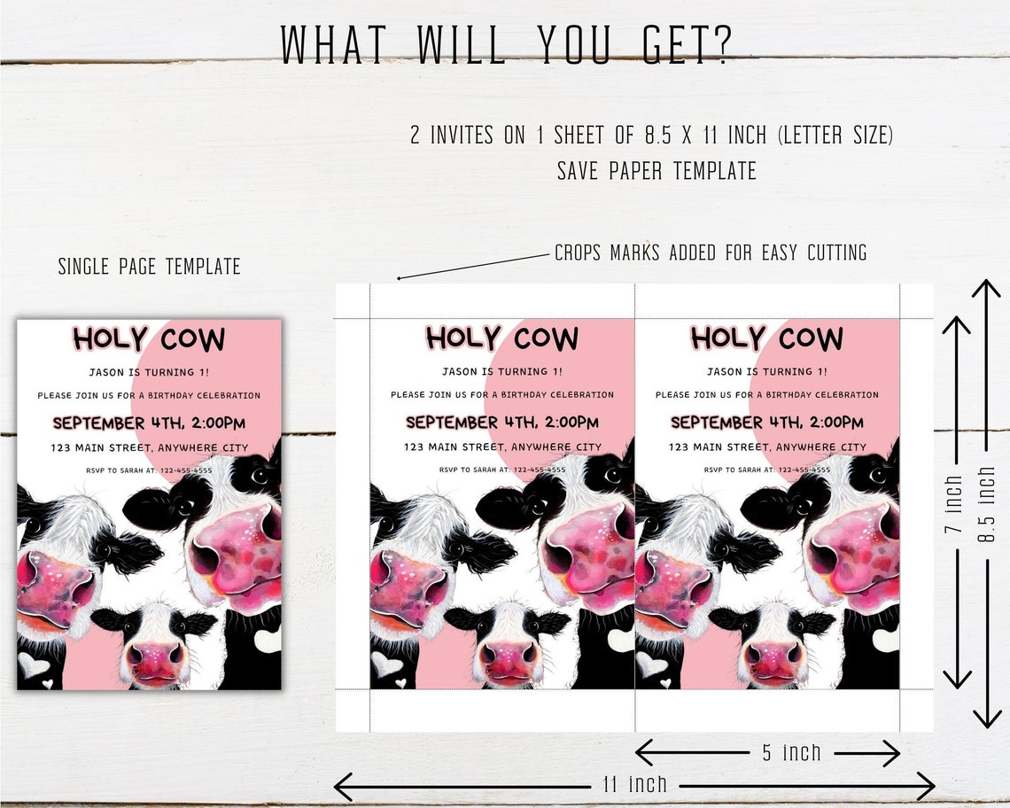 Holy Cow Im One Birthday Invitation Template, Cow Birthday Party Invite, First Birthday, Moo ...