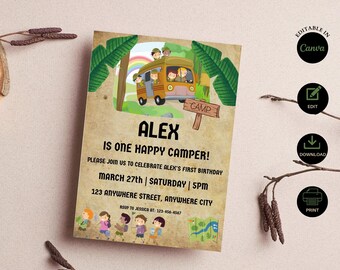 ONE Happy Camper Camping Theme First Birthday Party Invitation Template - Etsy