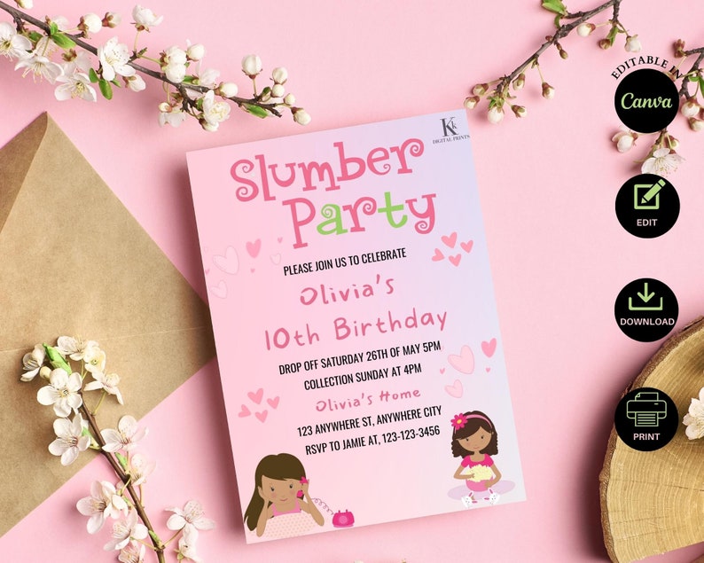 Birthday Slumber Party Invitation, Pajama Party, Sleepover Party ...