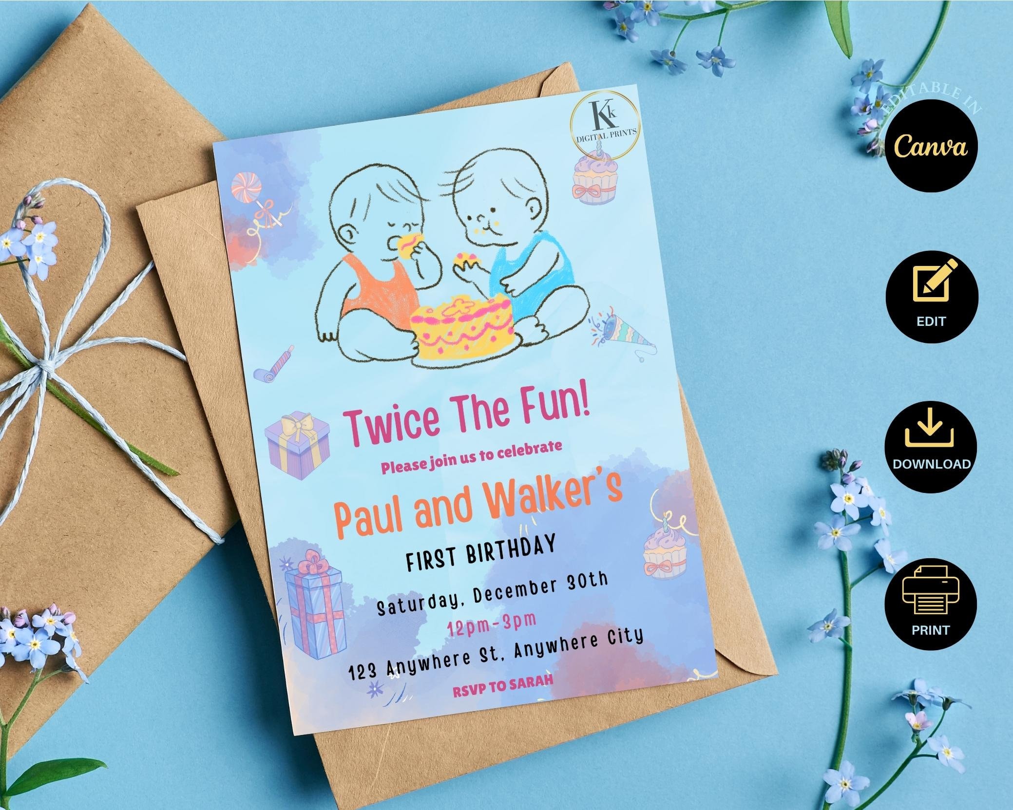 Twice the Fun Birthday Party Invite, Twins Birthday Invite, Twins Party ...