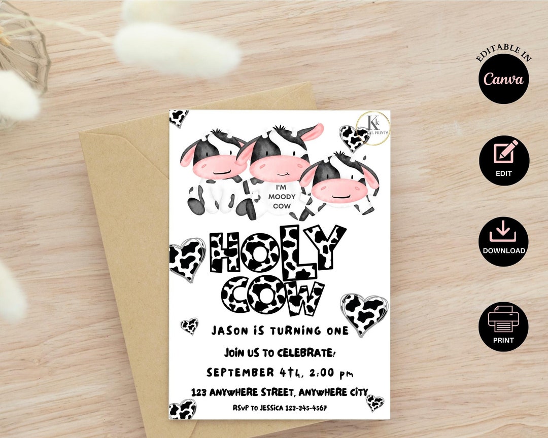 Holy Cow Im One Birthday Invitation Template, Cow Birthday Party Invite ...
