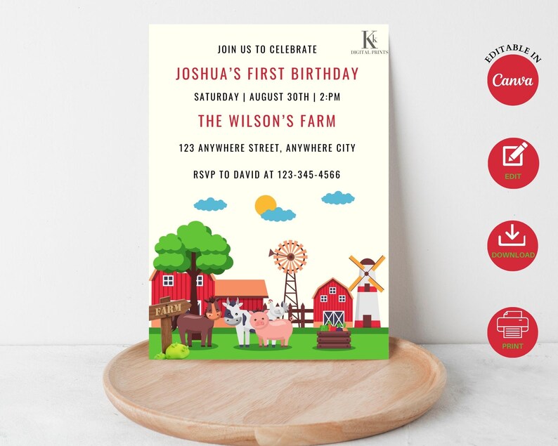Editable Farm Animals First Birthday Invitation, Barnyard Invite ...