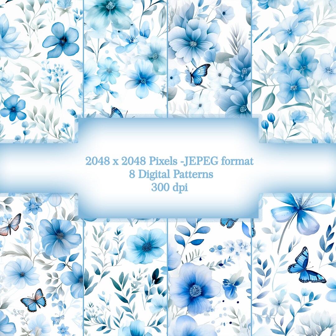 Seamless Pattern Dusty Blue Floral Watercolor Digital Paper, Seamless ...
