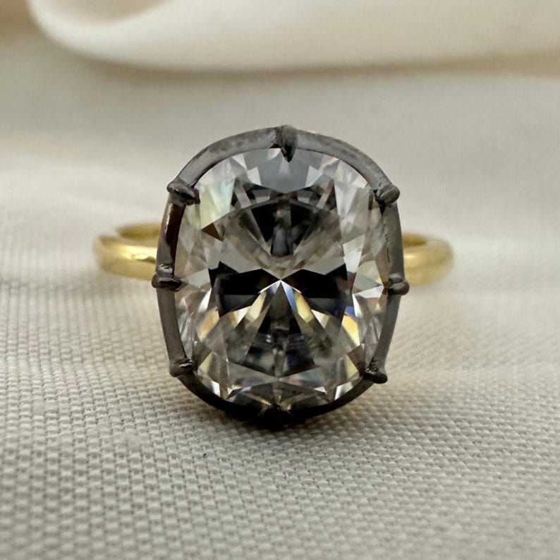 3.00 CT Cushion Cut Moissanite Ring, Georgian Button Back, Blackened ...
