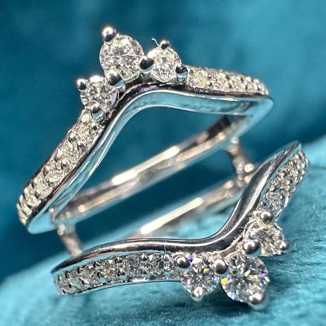 Moissanite Enhancer Ring: 14K White Gold Plated Double Chevron Band - Etsy