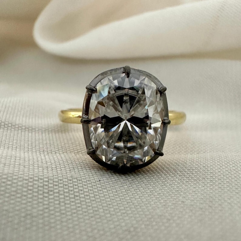 3.00 CT Cushion Cut Moissanite Ring, Georgian Button Back, Blackened ...