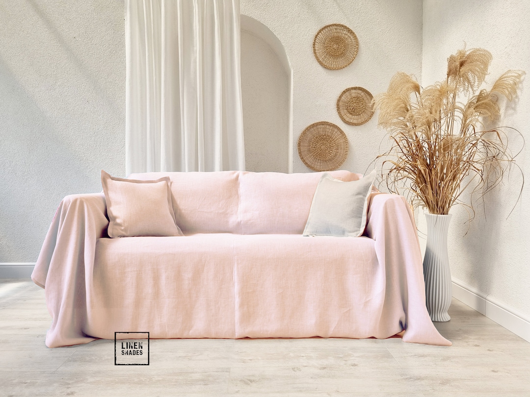 Light Pink Linen Sofa Cover. Pink Linen Bedspread.pink Custom Size ...