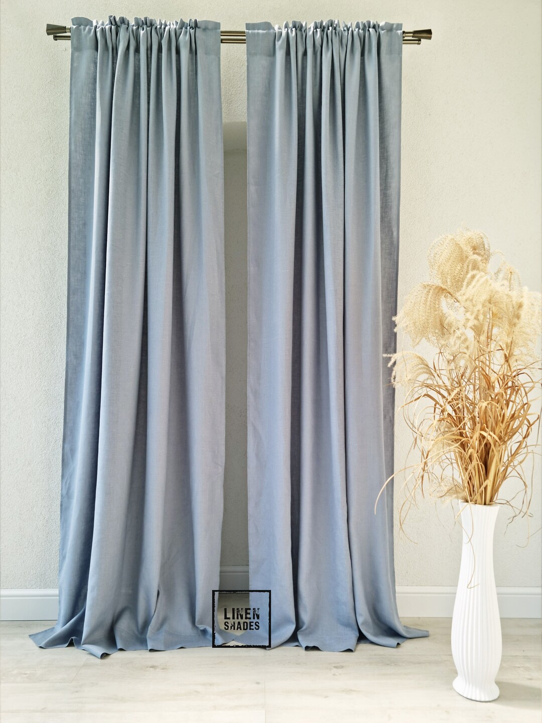 57 / 145 Cm Wide Blue Linen Curtain With Rod Pocket and Crown. Blue ...