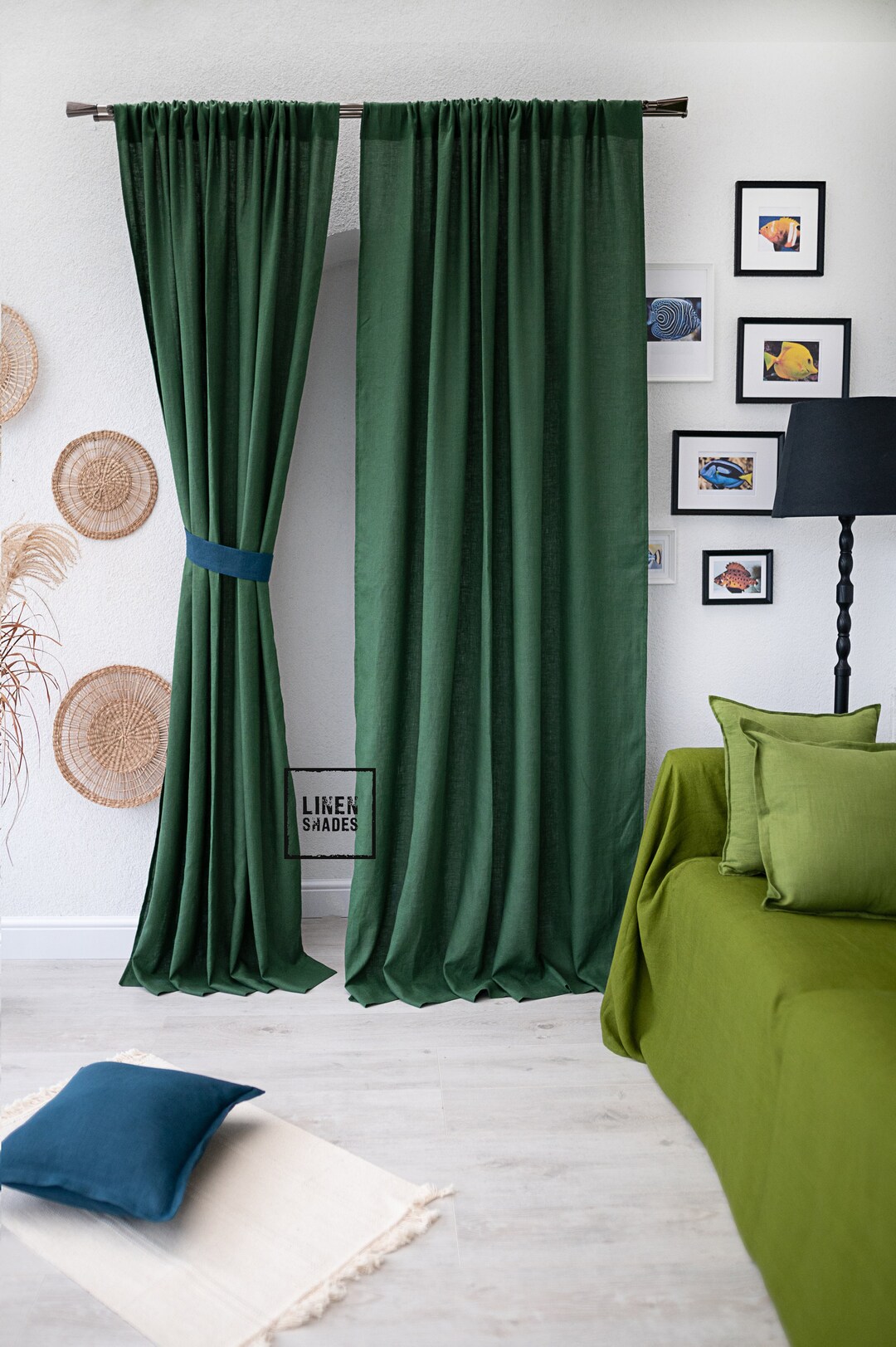 57 / 145 Cm Wide Emerald Green Linen Curtain. Living Room Green Curtain ...
