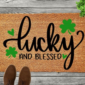 Lucky and Blessed St Patricks Day Doormat, Welcome Shamrock Doormat ...