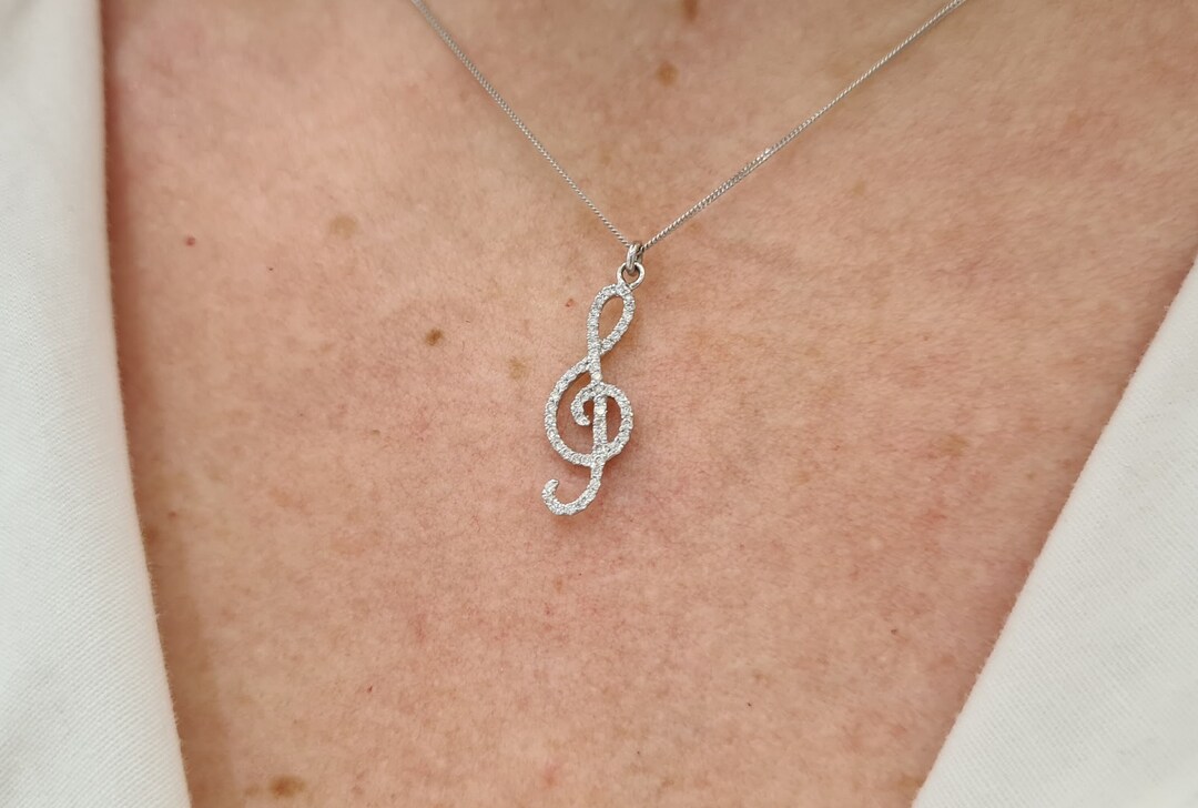 Treble Clef Necklace With Diamonds • Handmade 14K White Gold • Dainty ...