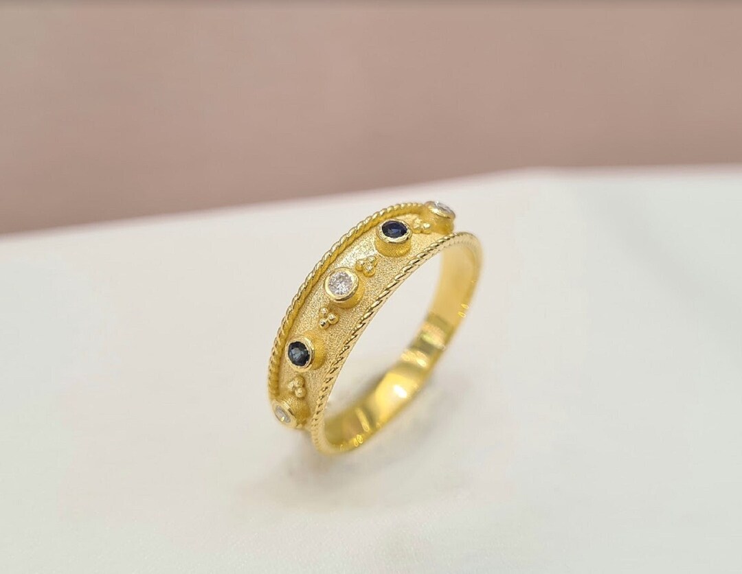 Byzantine Matte and Shiny Ring With Sapphires and Diamonds • 18K Yellow ...