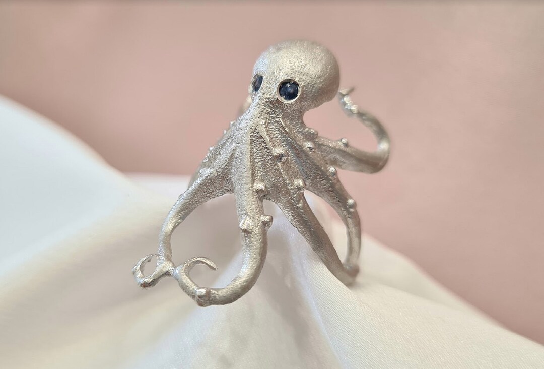 Octopus Ring • 18K Solid White Gold • Sapphires • Animal Ring • Modern ...
