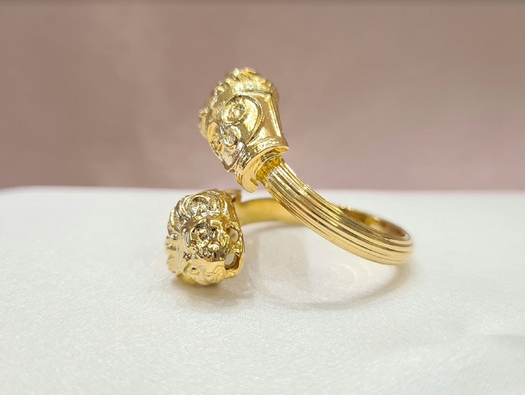 Double Lion Head Torc Byzantine Ring • 14K Handmade Yellow Gold • Leo ...