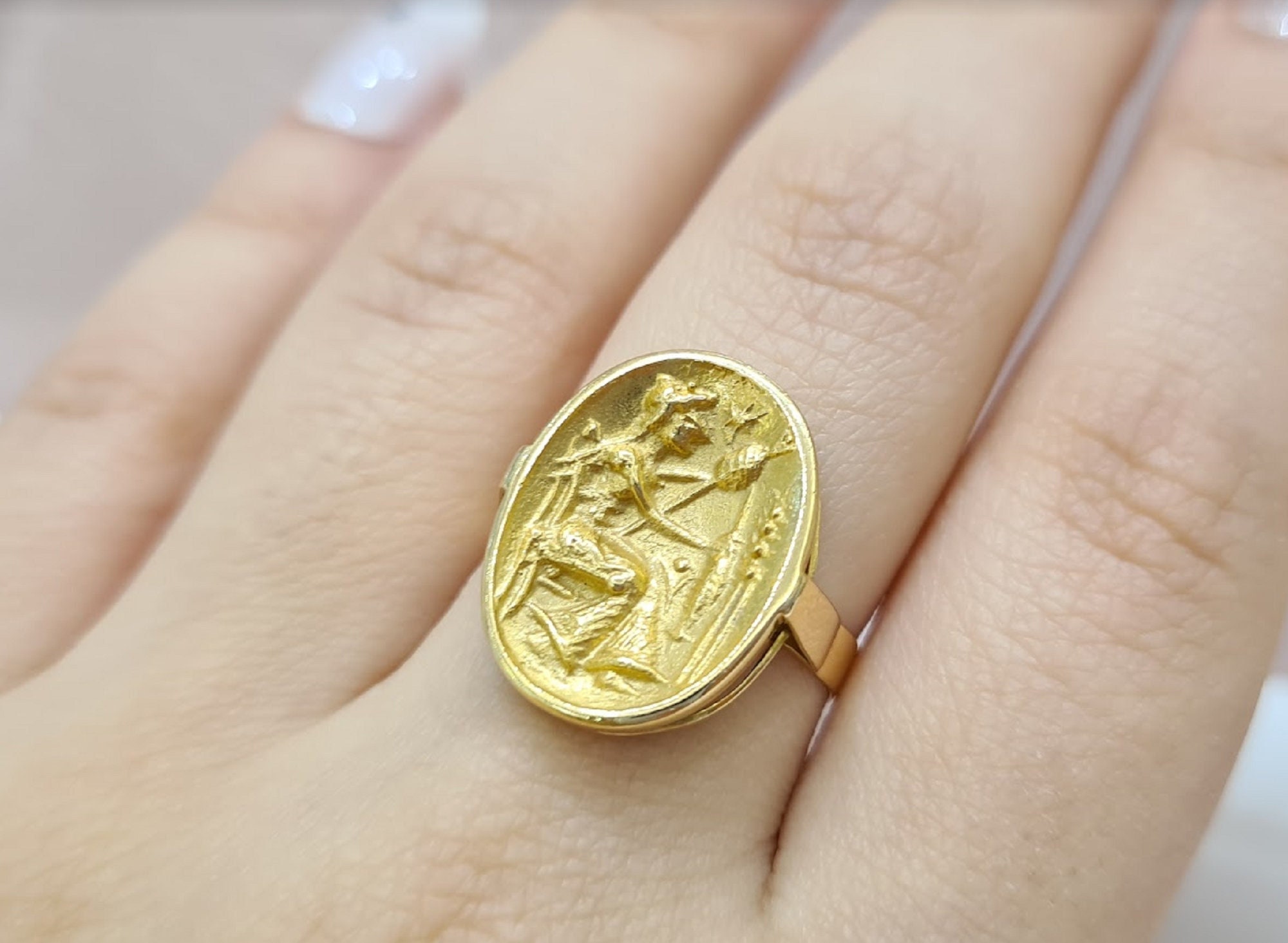 Ancient Greek Woman Coin Signet Ring 18K Solid Yellow Gold - Etsy