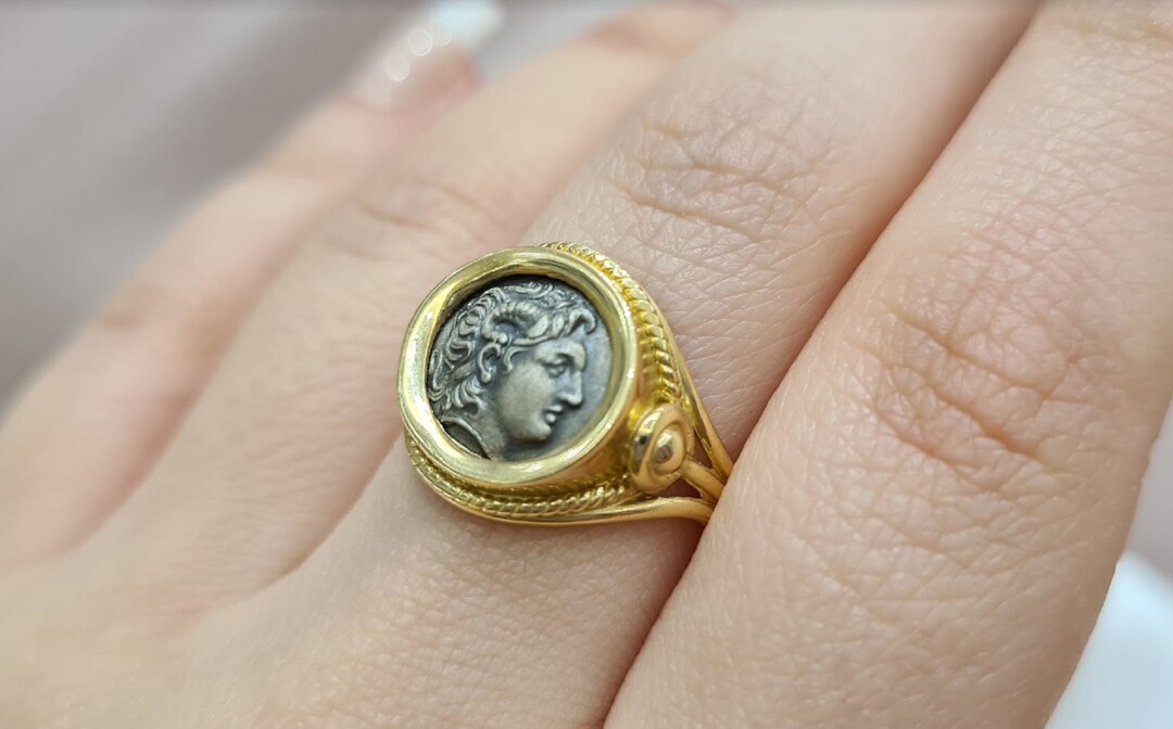 Ancient Greek Alexander the Great Coin Signet Ring • 14K Solid Yellow ...
