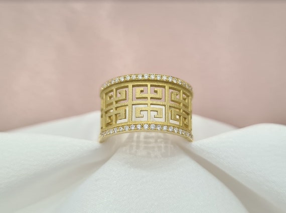 Greek Key Ring With Diamonds 18K Solid Yellow Gold Band - Etsy