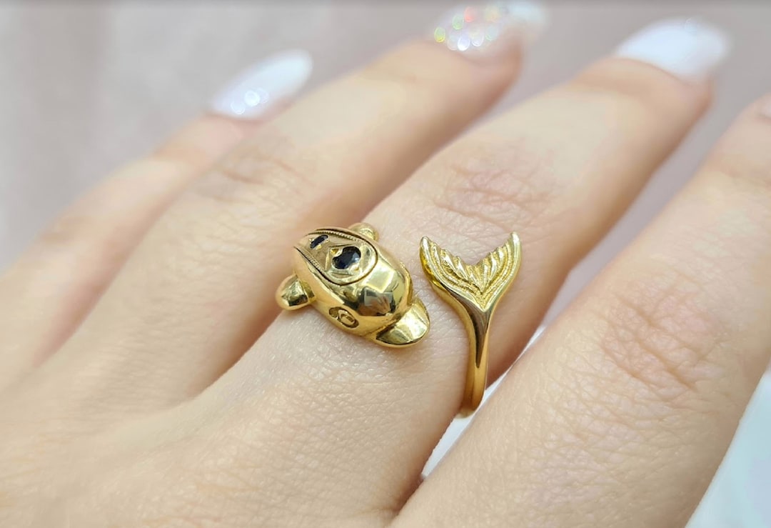 Shiny Dolphin Ring • 18K Solid Yellow Gold • Sapphire • Animal Ring ...
