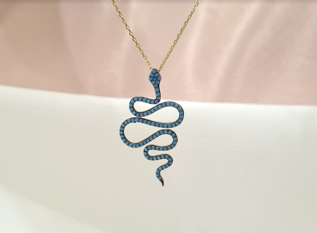 Snake Necklace • 14K Solid Yellow Gold • Turquoise Stones • Minimalist ...